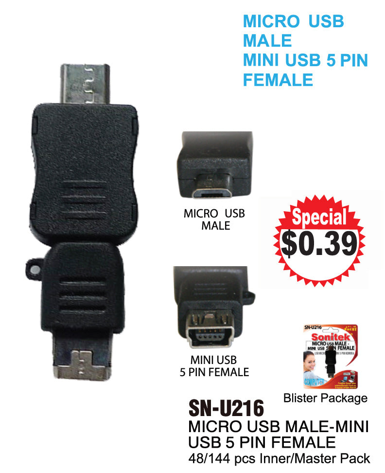 SN-U216 - Micro USB Male-Mini USB 5 Pin Female Adapter ** — Trisonic ...