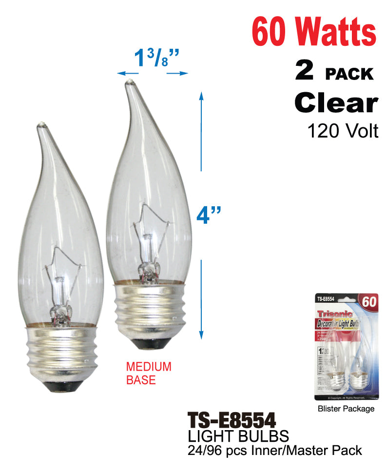 TS-E8554 - 60W Clear Turntip Bulb 2 Pack — Trisonic Wholesale Supplier