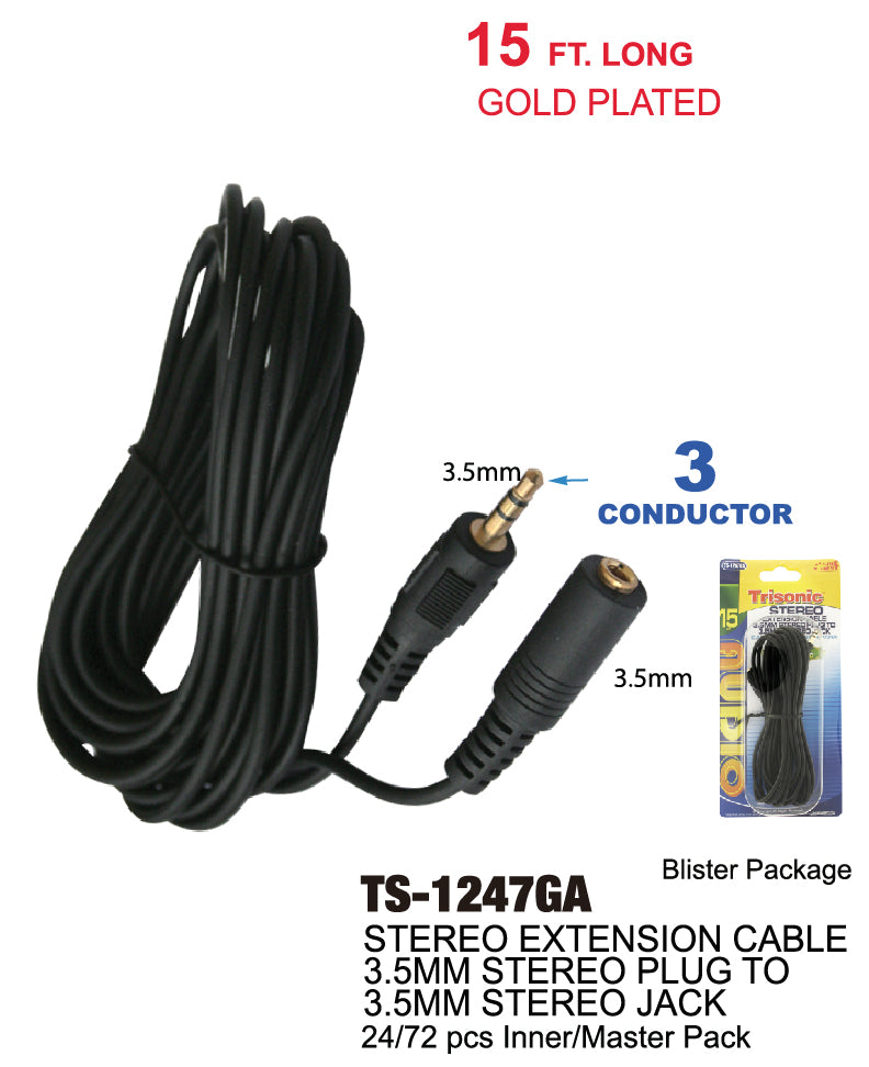TS-1247GA - 3.5mm Stereo Plug to 3.5mm Stereo Jack (15 ft.) — Trisonic ...